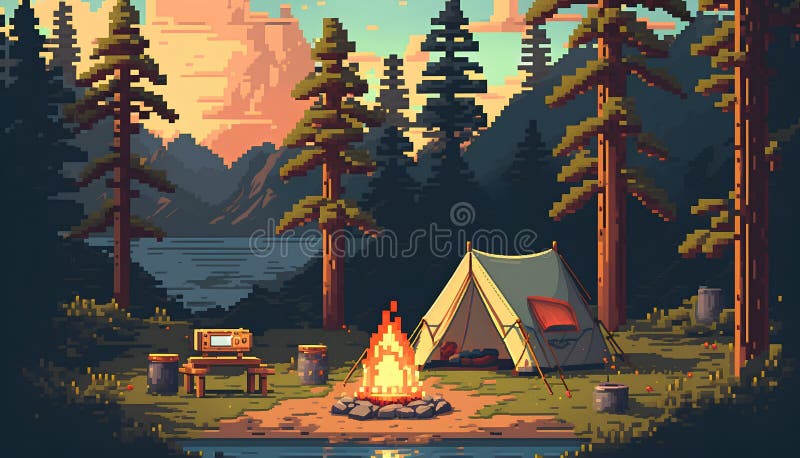 Pixel Art Illustration of a Campfire in the Forest with a Tent Stock ...