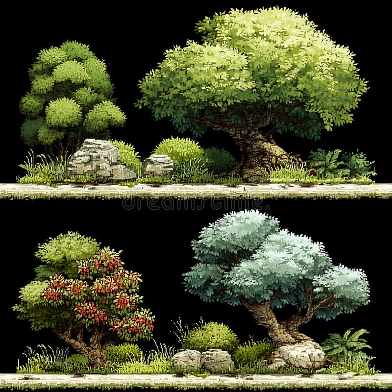 Pixel Art Illustration Featuring Two Distinct Scenes of Stylized Trees ...