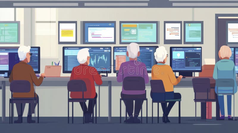Pixel Art Illustration of Seniors Working on Computers in a Bright ...