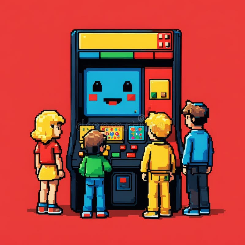Retro Pixel Art Kids at Arcade Machine Stock Illustration ...