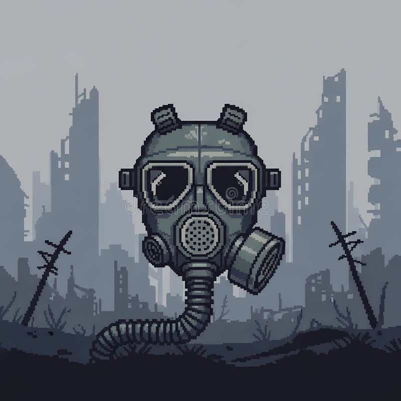 A Detailed Gas Mask in Front of a Ruined City Skyline in Pixel Art ...