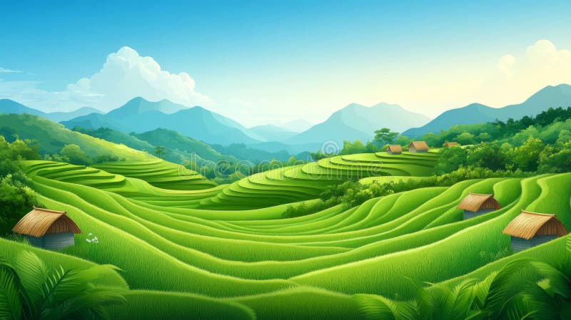 Pixel Art Illustration of Lush Green Rice Terraces in Asia Stock ...