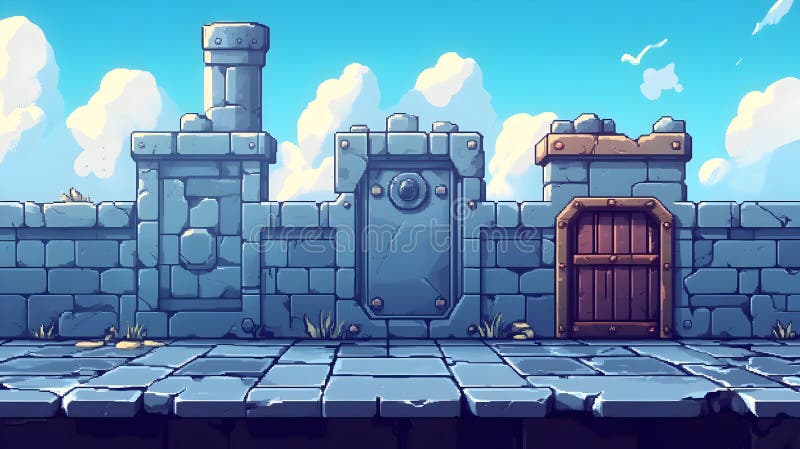 Pixel Art Illustration of a Medieval Stone Castle Wall Under a Blue Sky ...