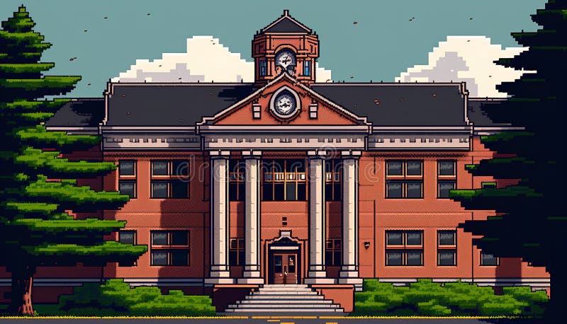Pixel Art Illustration of an Old School Building with a Clock in the ...