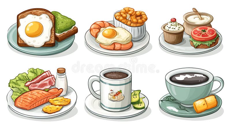 Pixel Art Illustration of Various Breakfast Dishes and Coffee Stock ...