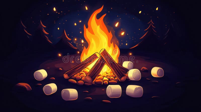 Pixel Art Campfire Scene with Marshmallows Under Night Stars in a Dark ...