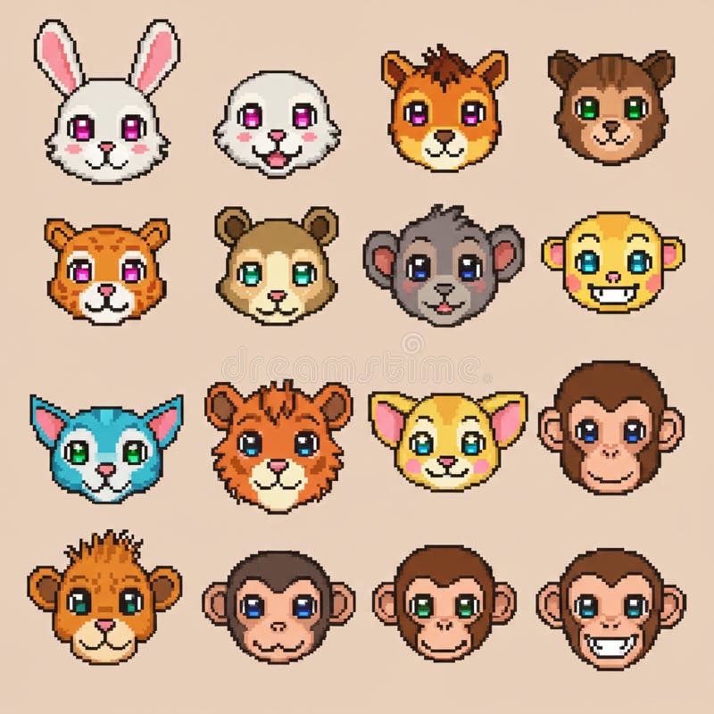 Pixel Art Illustrations of 16 Animal Faces Arranged in a 4x4 Grid ...