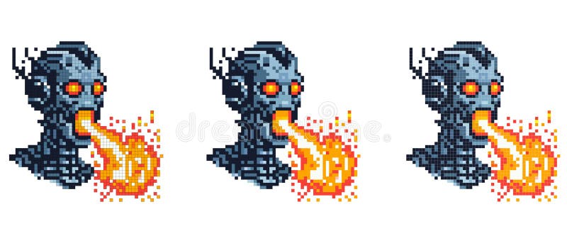 A Pixel Art Image of a Robotic Head with Glowing Red Eyes Breathing ...