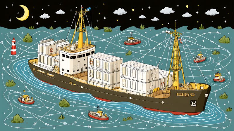 Pixel Art Isometric Cargo Ship Sailing at Night Stock Illustration ...