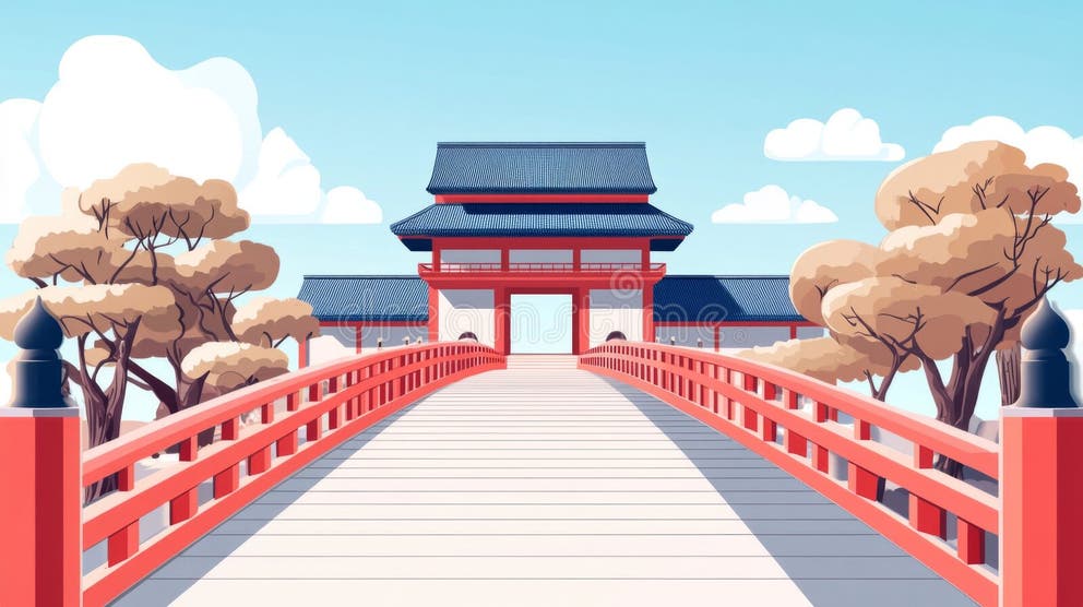 Pixel Art Japanese Bridge with Gate and Trees Stock Illustration ...