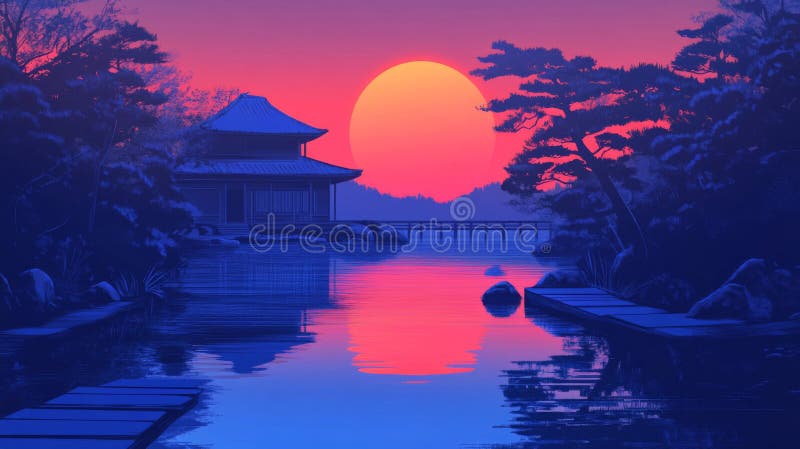 Pixel Art Japanese Garden Sunset Stock Illustration - Illustration of ...