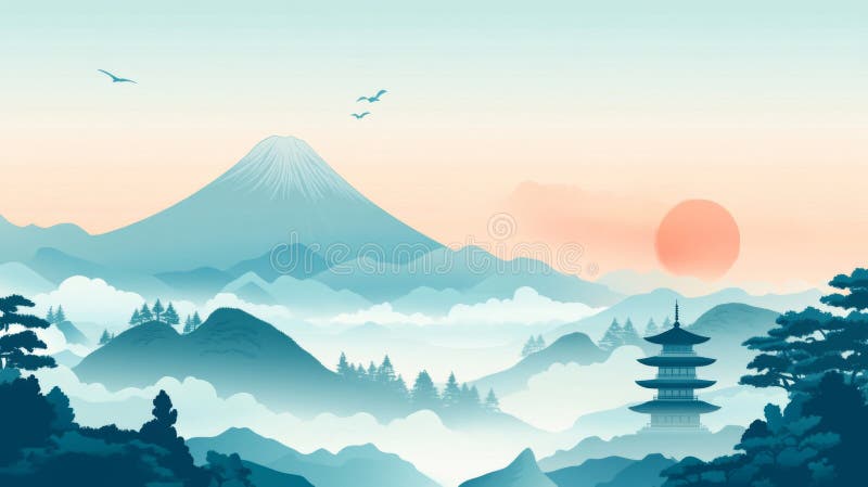 Pixel Art Japanese Landscape Sunrise View Stock Illustration ...