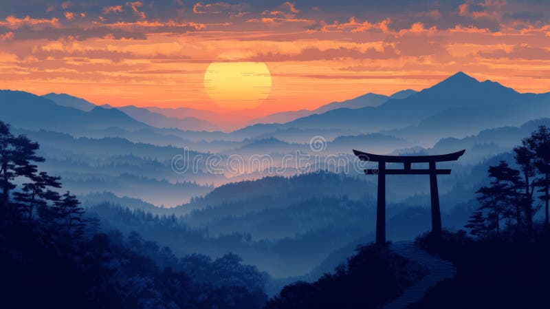 Pixel Art Japanese Landscape Sunset Stock Illustration - Illustration ...