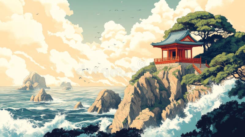 Pixel Art Japanese Temple Coastal Landscape Stock Illustration ...