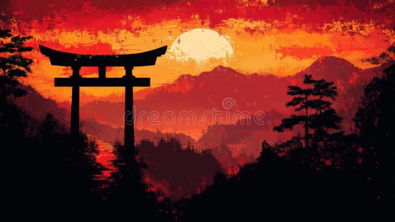 Pixel Art Japanese Torii Gate Sunset Mountain Landscape Stock ...