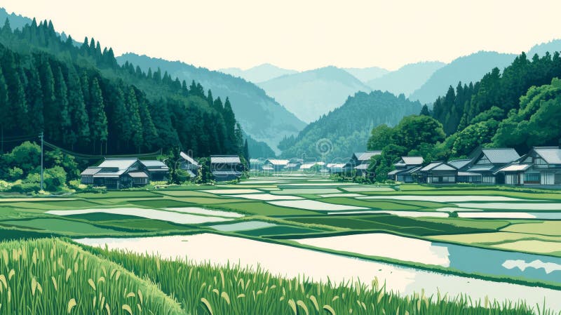 Pixel Art Japanese Village Landscape Stock Illustration - Illustration ...