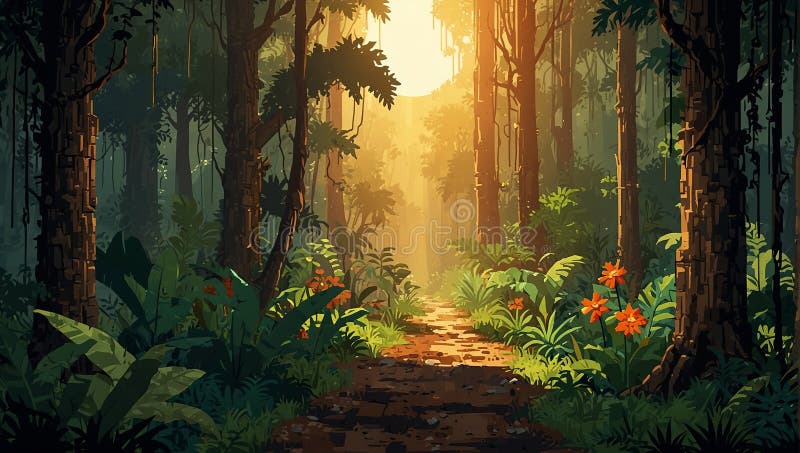 Pixel Art Jungle Pathway with Sun Rays, Pixel Art Depiction of a Dense ...