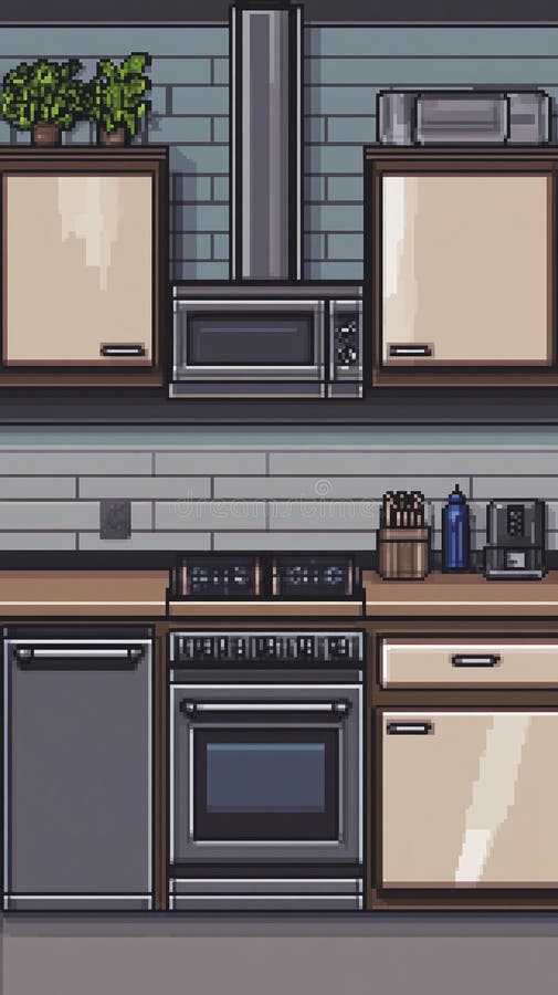 Pixel Art Kitchen Set with Stoves Refrigerators and Cabinets. Stock ...