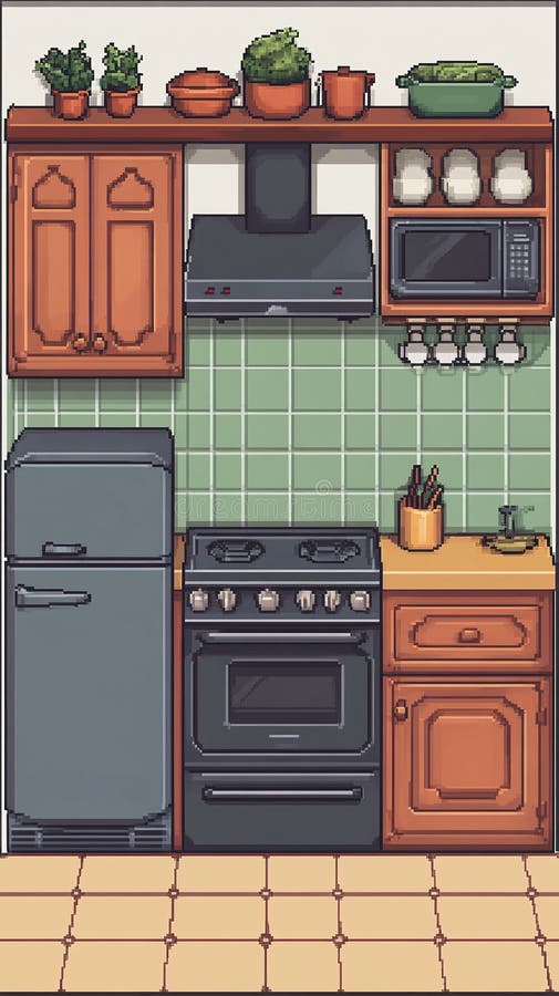 Pixel Art Kitchen Set with Stoves Refrigerators and Cabinets. Stock ...