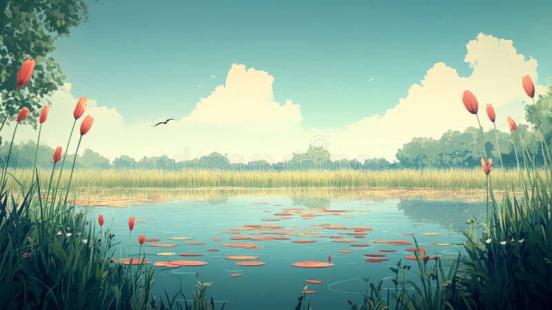 Pixel Art Lake Landscape: Serene Summer Scene Stock Illustration ...