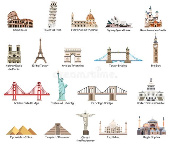 World Landmarks Pixel Art Icons Vector Set Stock Vector - Illustration ...