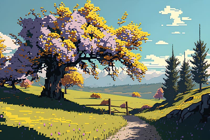 Pixel Art Landscape. Cartoon Illustration of Pixel Art Landscape for ...