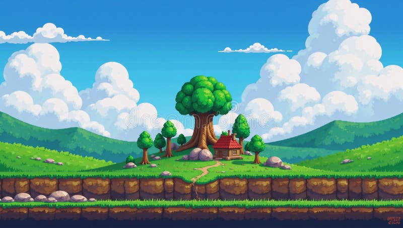 Pixel Art Landscape Featuring an 8bit Style with Grass Skies and Game ...