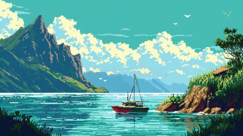 Pixel Art Landscape Featuring a Sailboat on a Serene Lake with ...