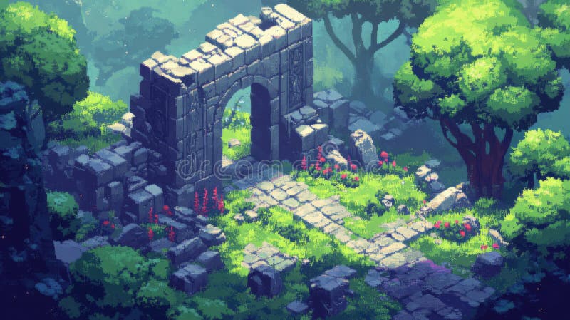 Pixel Art Landscape Featuring Stone Ruins Surrounded by Lush Green ...