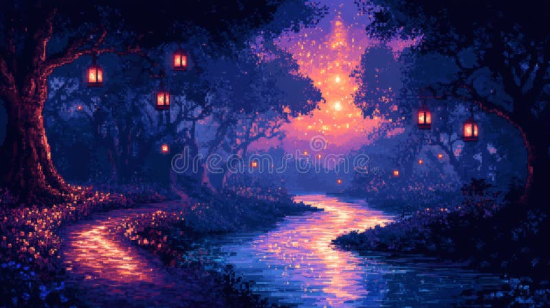 Pixel Art Landscape of a Glowing River through a Forest at Night Stock ...