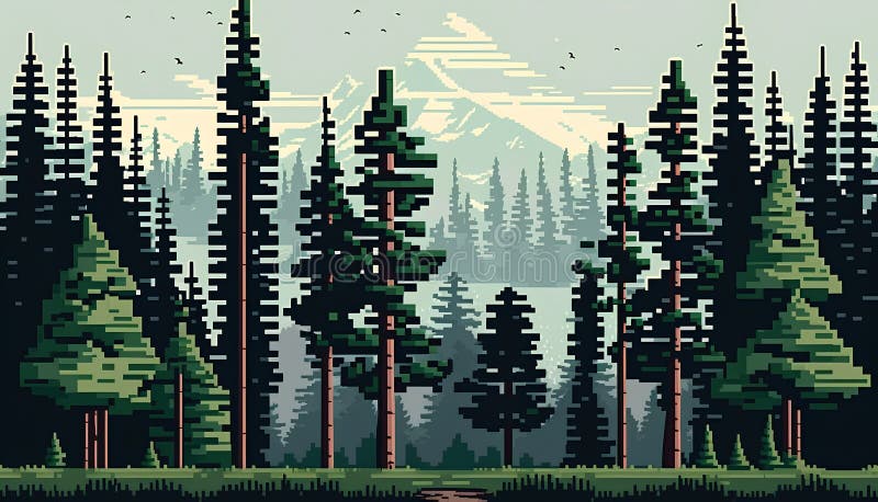 Pixel Art Landscape with Pine Trees and Mountains in the Background ...