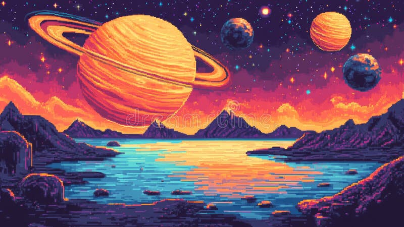 Pixel Art Landscape with Ringed Planet and Stars on a Celestial ...