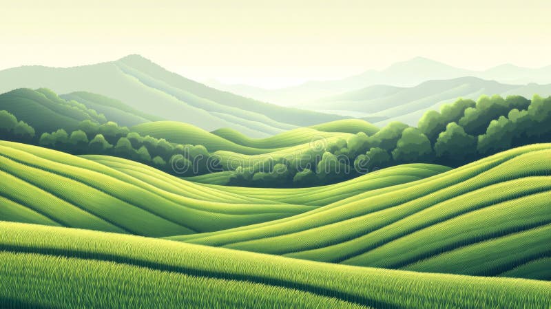 Pixel Art Landscape with Rolling Hills and Terraced Fields Stock ...
