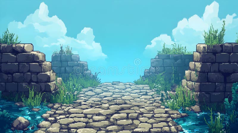 Pixel Art Landscape of Stone Path Under Blue Sky with White Clouds and ...