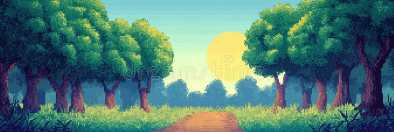 Pixel Art Landscape with Sunlit Pathway through Lush Green Forest Stock ...