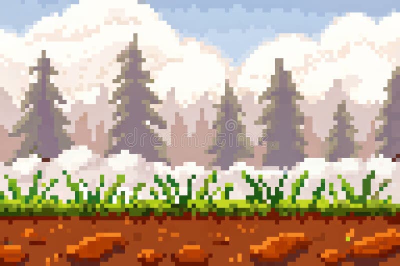 Pixel Art Landscape with Trees and Clouds in a Forest Scene Stock ...