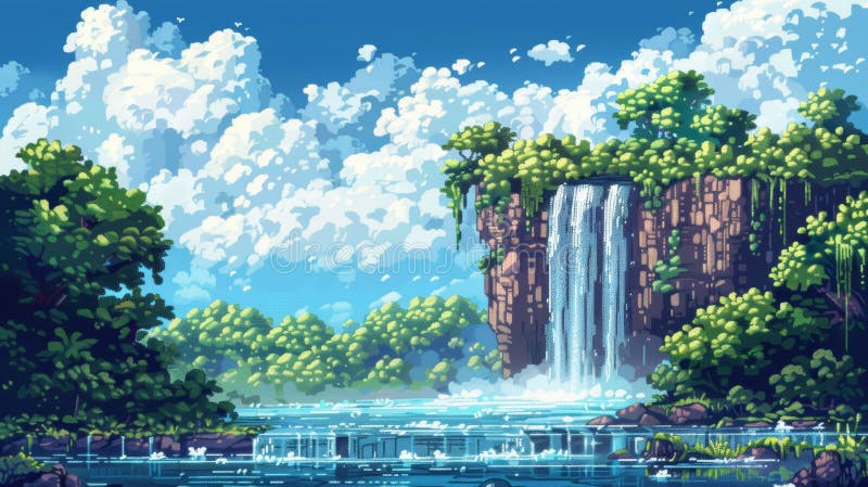 A Pixel Art Landscape with a Waterfall Cascading Down a Cliff into a ...