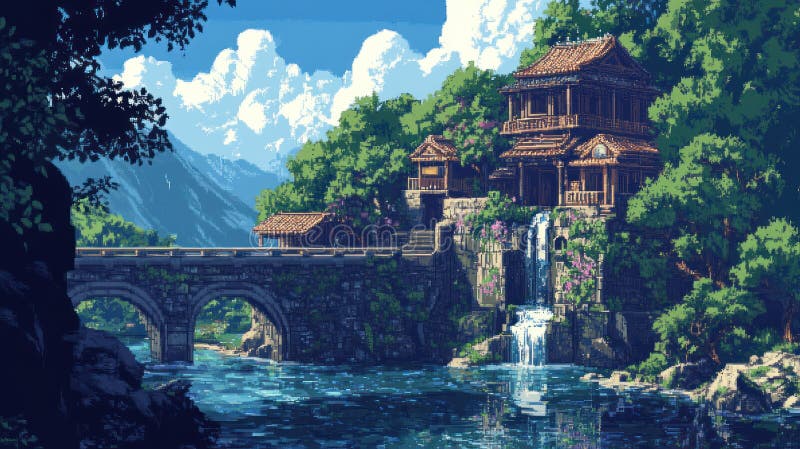 Pixel Art Landscape with Wooden Building, Bridge, and Waterfall Stock ...