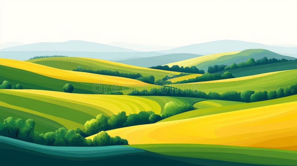 Pixel Art Landscape with Yellow Fields and Green Hills Stock ...