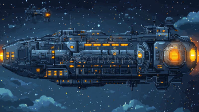 Pixel Art of a Large Spaceship Flying among Stars and Clouds at Night ...