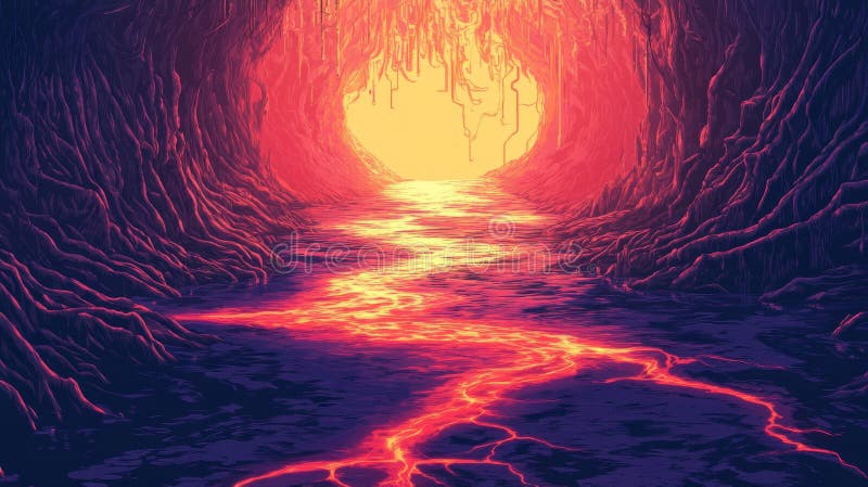 Pixel Art Lava Cave Tunnel stock illustration. Illustration of hellish ...