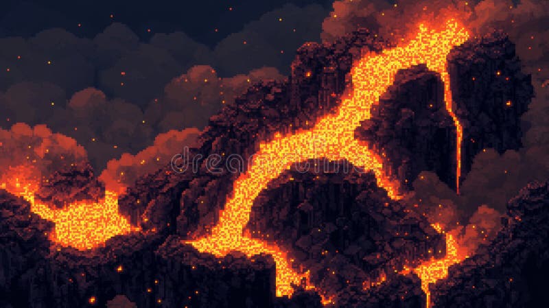 Pixel Art Lava Flowing through Dark Volcanic Mountains Stock ...