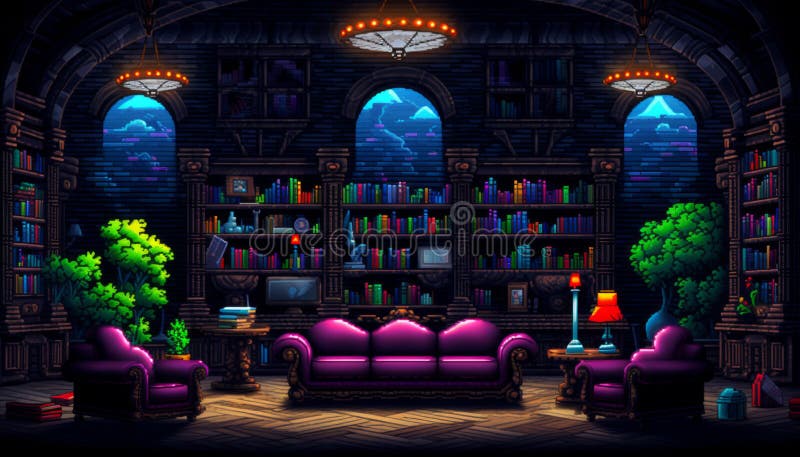 Pixel Art Library Mysterious Study Room Illustration. Stock Image ...