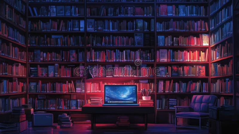 Pixel Art Library at Night with Computer Stock Illustration ...