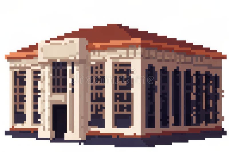 Pixel Art Library with Red Roof and Detailed Architecture Design Stock ...