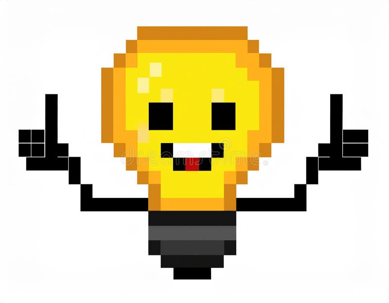 Pixel Art Light Bulb Mascot with Bright Idea Pose Stock Illustration ...