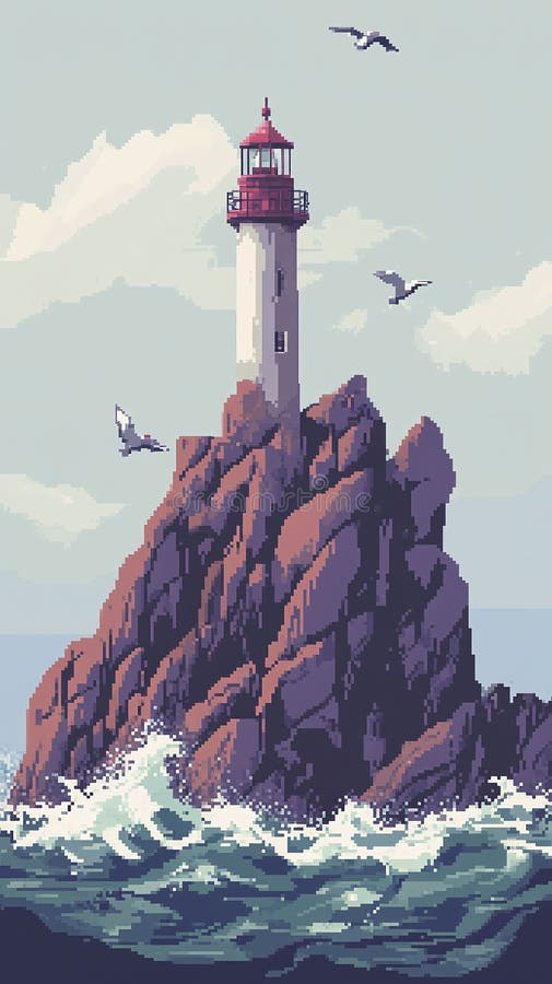 Pixel Art Lighthouse Set with Cliffs Seagulls and Waves. Stock ...