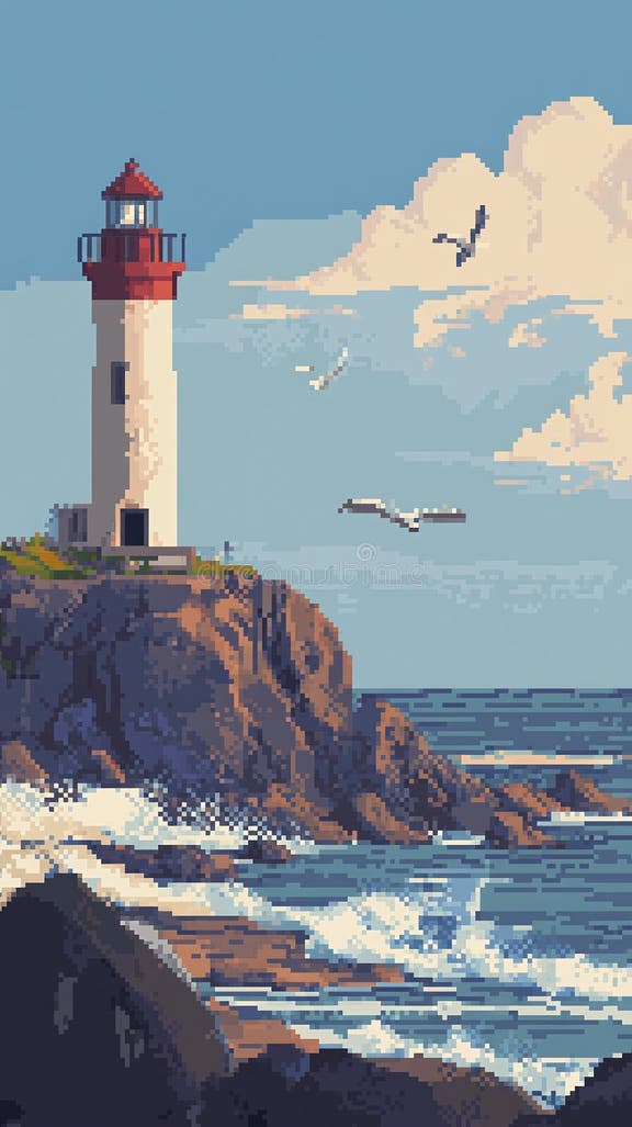 Pixel Art Lighthouse Set with Cliffs Seagulls and Waves. Stock ...