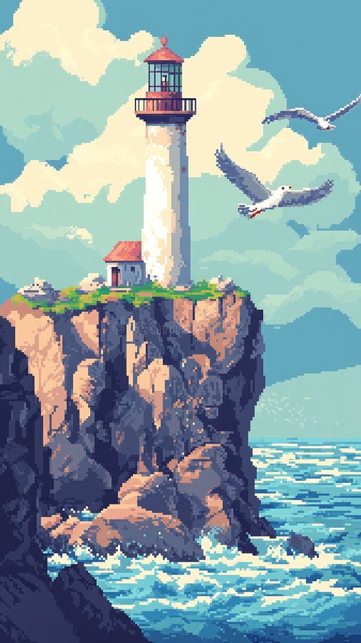 Pixel Art Lighthouse Set with Cliffs Seagulls and Waves. Stock ...
