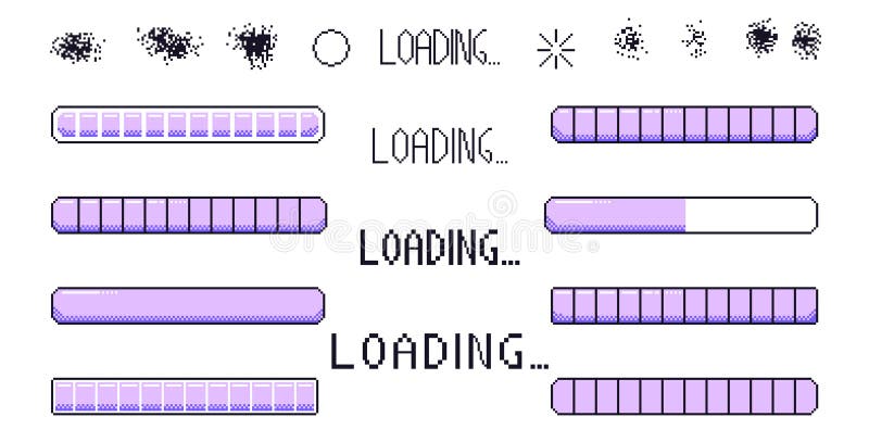 Pixel Art Loading Bar Interface. 8 Bit Game Progress Button Elements Set and Stock Vector ...